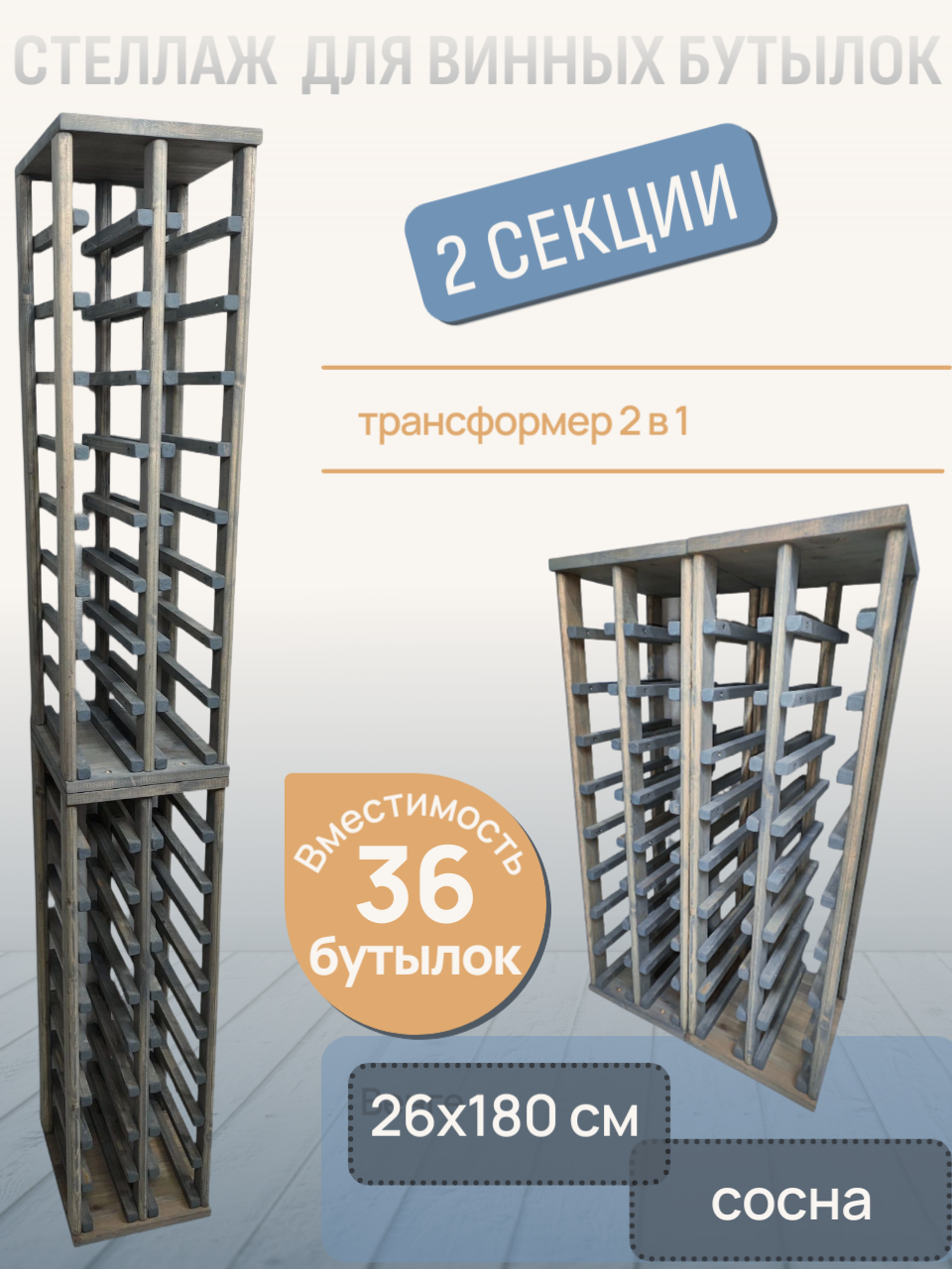 Стеллаж винный RackForWine узкий двурядный двухсекционный на 36 бутылок цвет серый