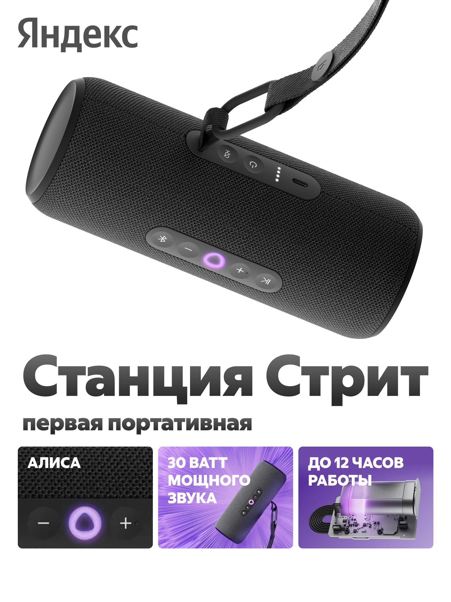 Умная беспроводная колонка Яндекс Станция Стрит с Алисой, черный, 30 В