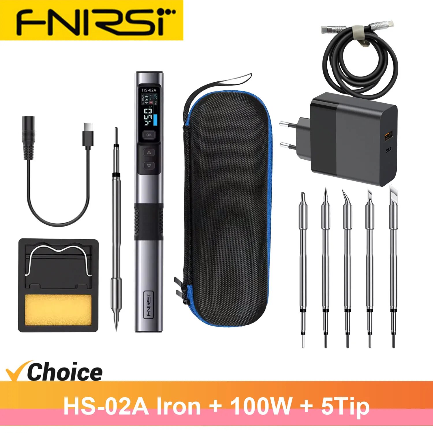 FNIRSI HS-02A паяльник 100W с 5 насадками, EU