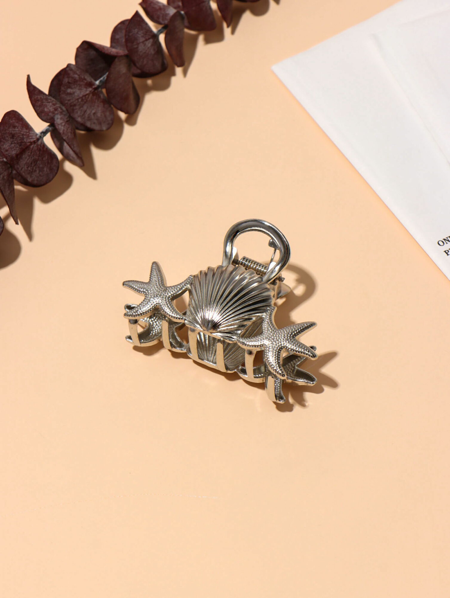 Краб для волос "Лейла море" морские звезды ракушка, 7 см, серебро, 6 шт.