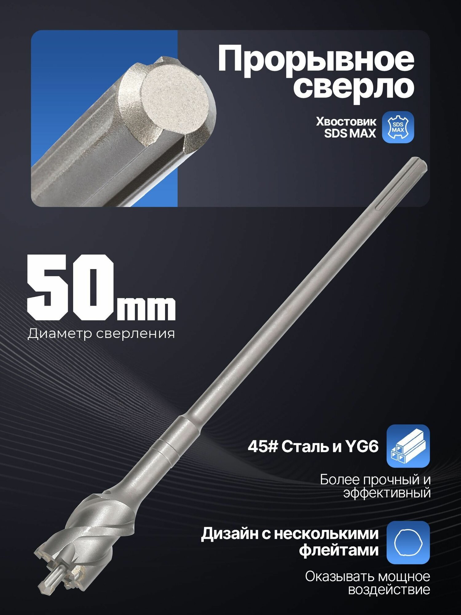 Бур SDS MAX 50mmх500mm по бетону проломный резолюкс