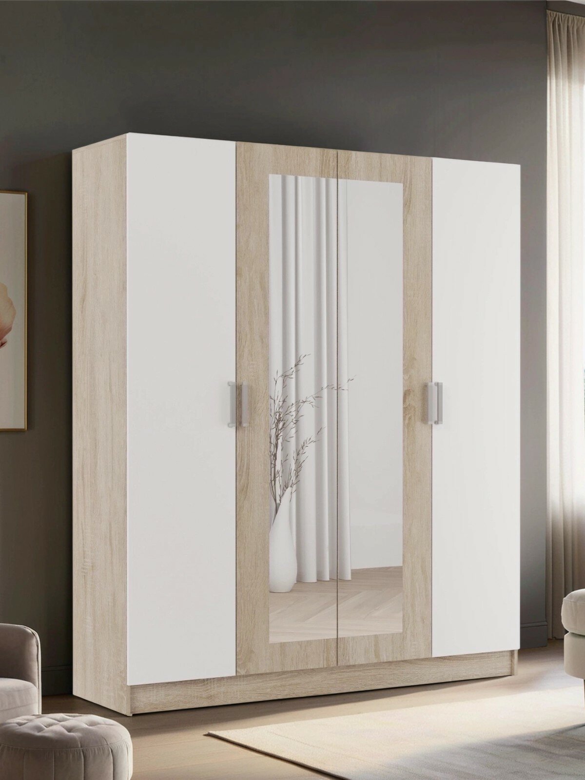 Шкаф распашной уют четырехстворчатый для одежды с зеркалом ШхВхГ 160х190х46