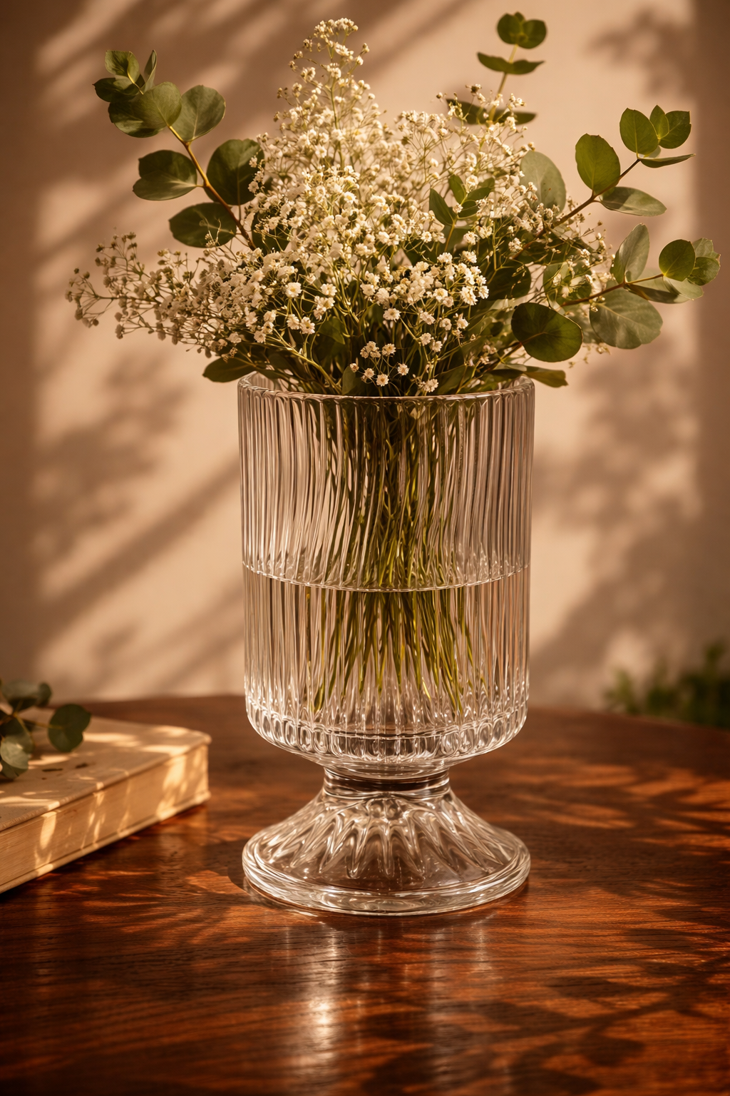 Ваза для цветов стеклянная на ножке 800 мл, с рельефным узором, интерьерная декоративная ваза-бокал