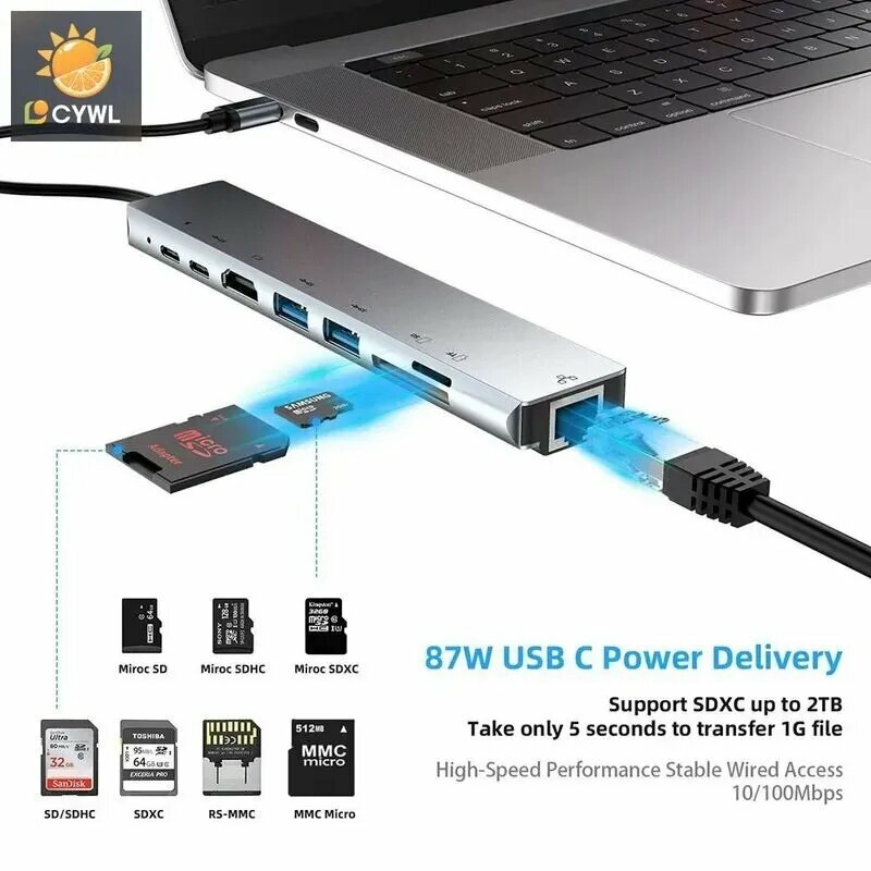 Док-станция 8 в 1 USB Type-C с HDMI 4K, PD 87W, RJ45 и картридером