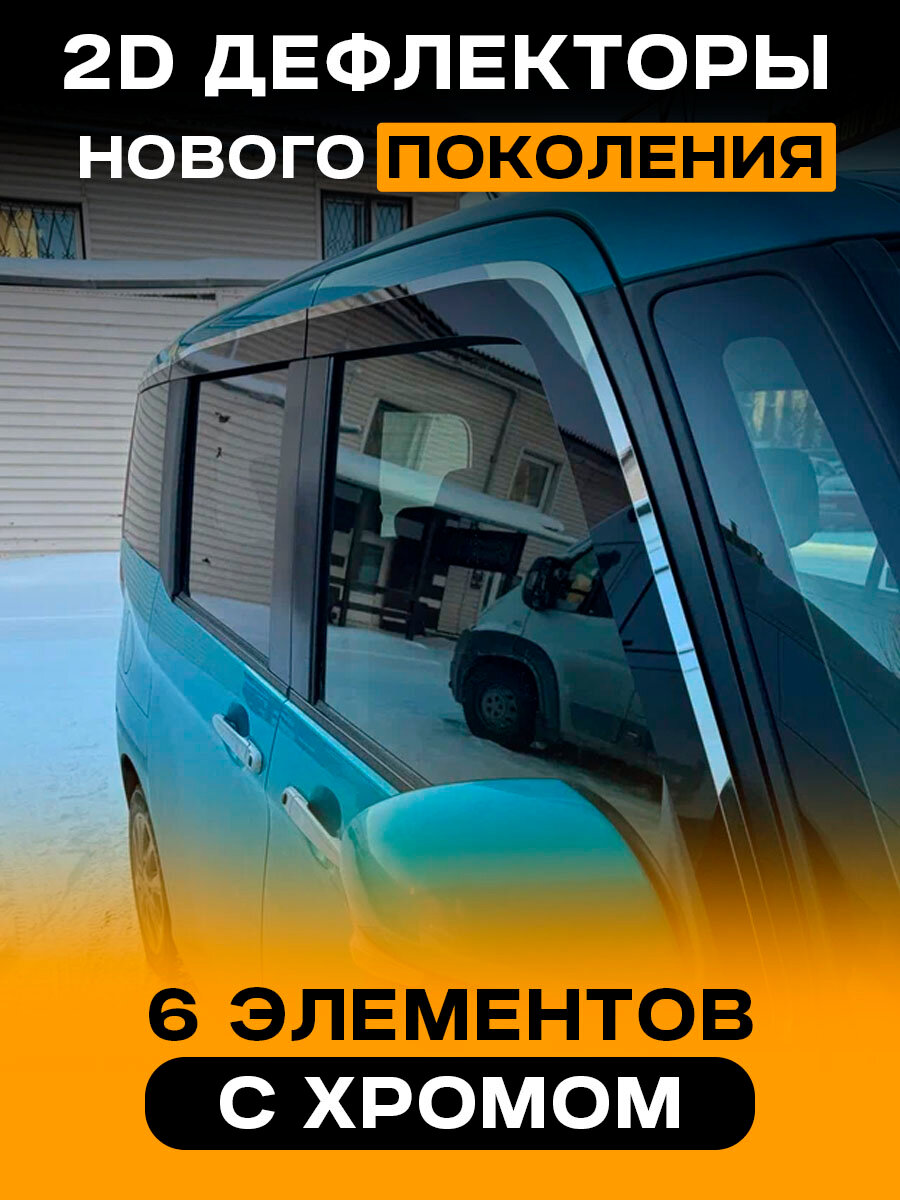 Дефлекторы на Toyota Tank (Тойота Танк) 2016-2020, 2D ветровики на окна автомобиля, с хром молдингом