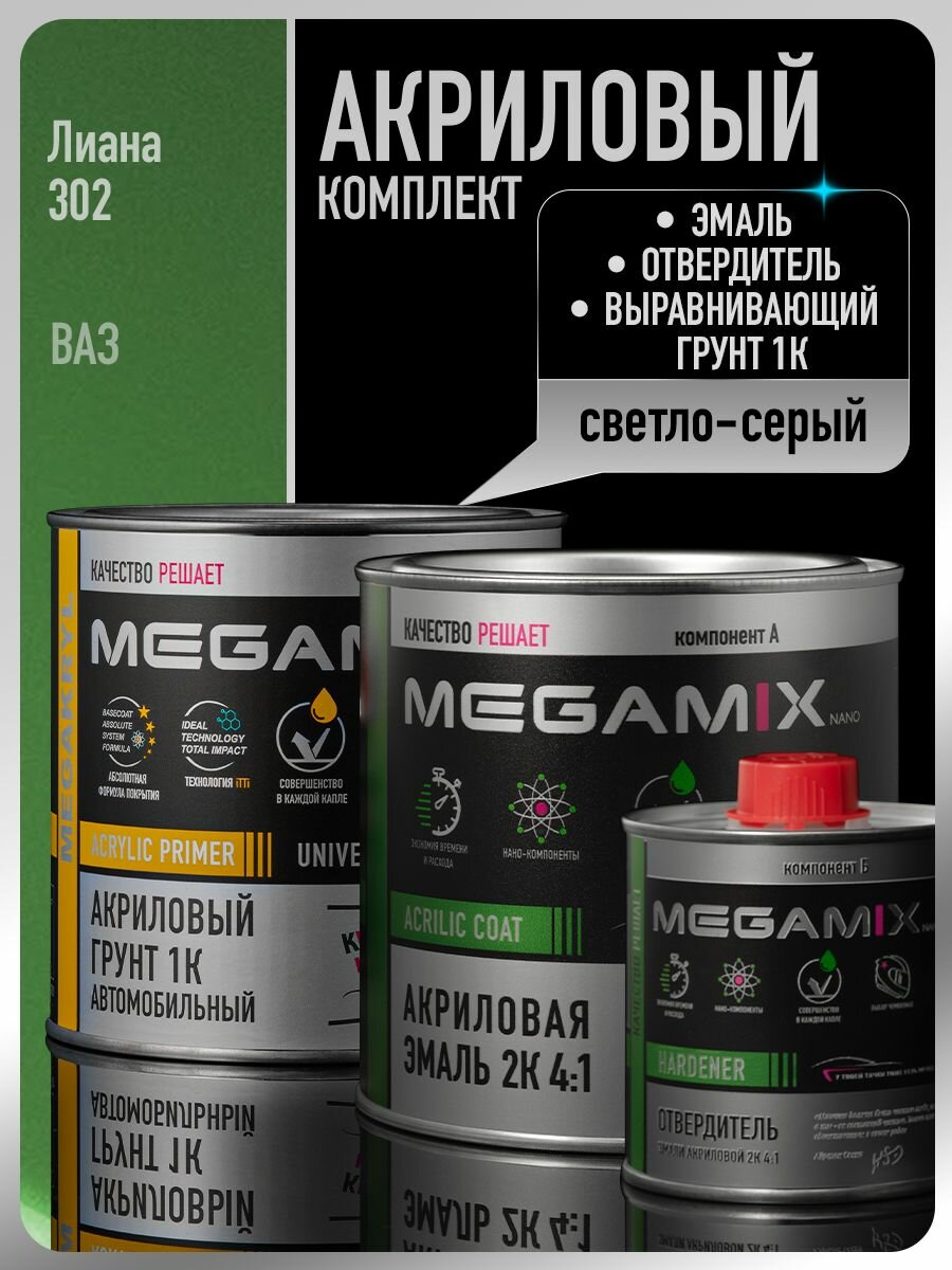 Комплект Акриловая краска автомобильная 2К , Лиана 302, 840мл + Отвердитель 2K 210 мл + Грунт акриловый 1К , светло-серый, 800 г