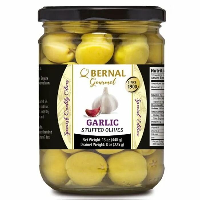 Оливки BERNAL, фаршированные чесноком в рассоле, средние, 436г