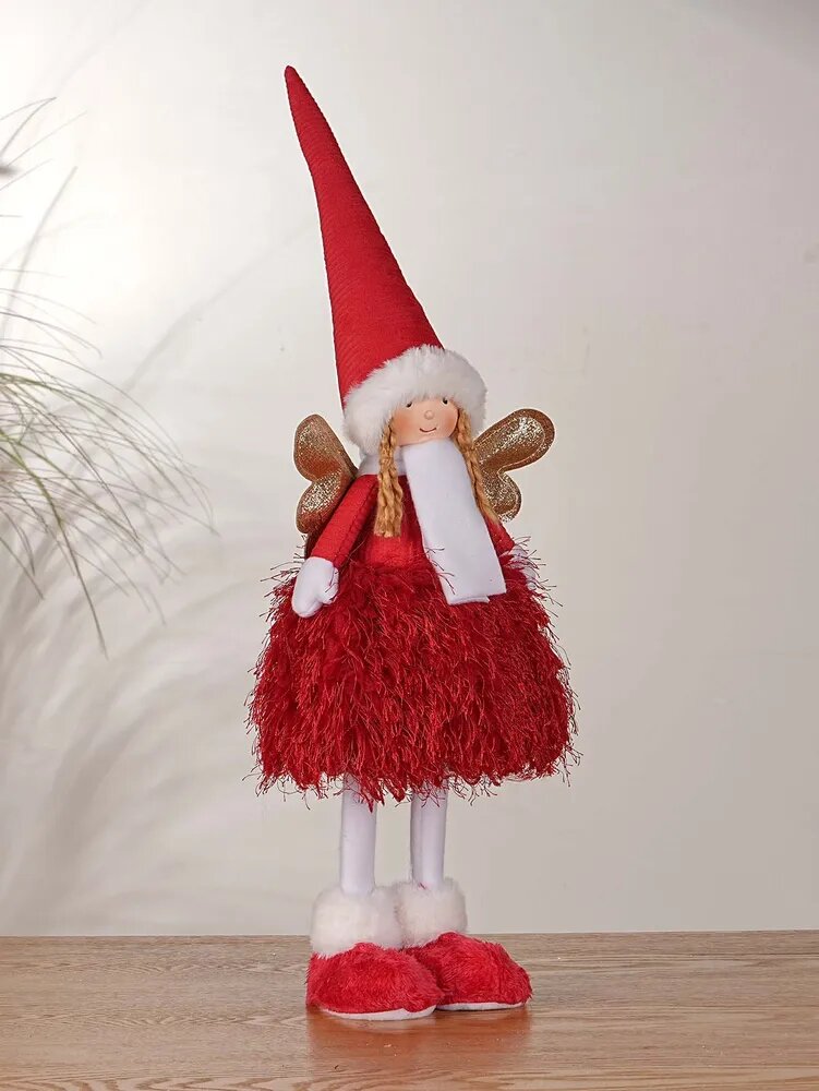 Одна розово-белая с красными акцентами рождественская ангелочка-эльфенка декоративная фигурка ребенка (подарок для детей), для рождественских украшений: праздничный подарок, украшение витрин и ёлки.