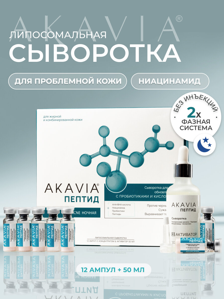 Акавия PEPTIDE Сыворотка от прыщей акне постакне черных точек с кислотами Ночная