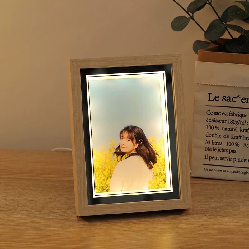 Светодиодная рамка с услугой печати фото, натуральное деревянное покрытие, 6-дюймовый одиночный, подарок