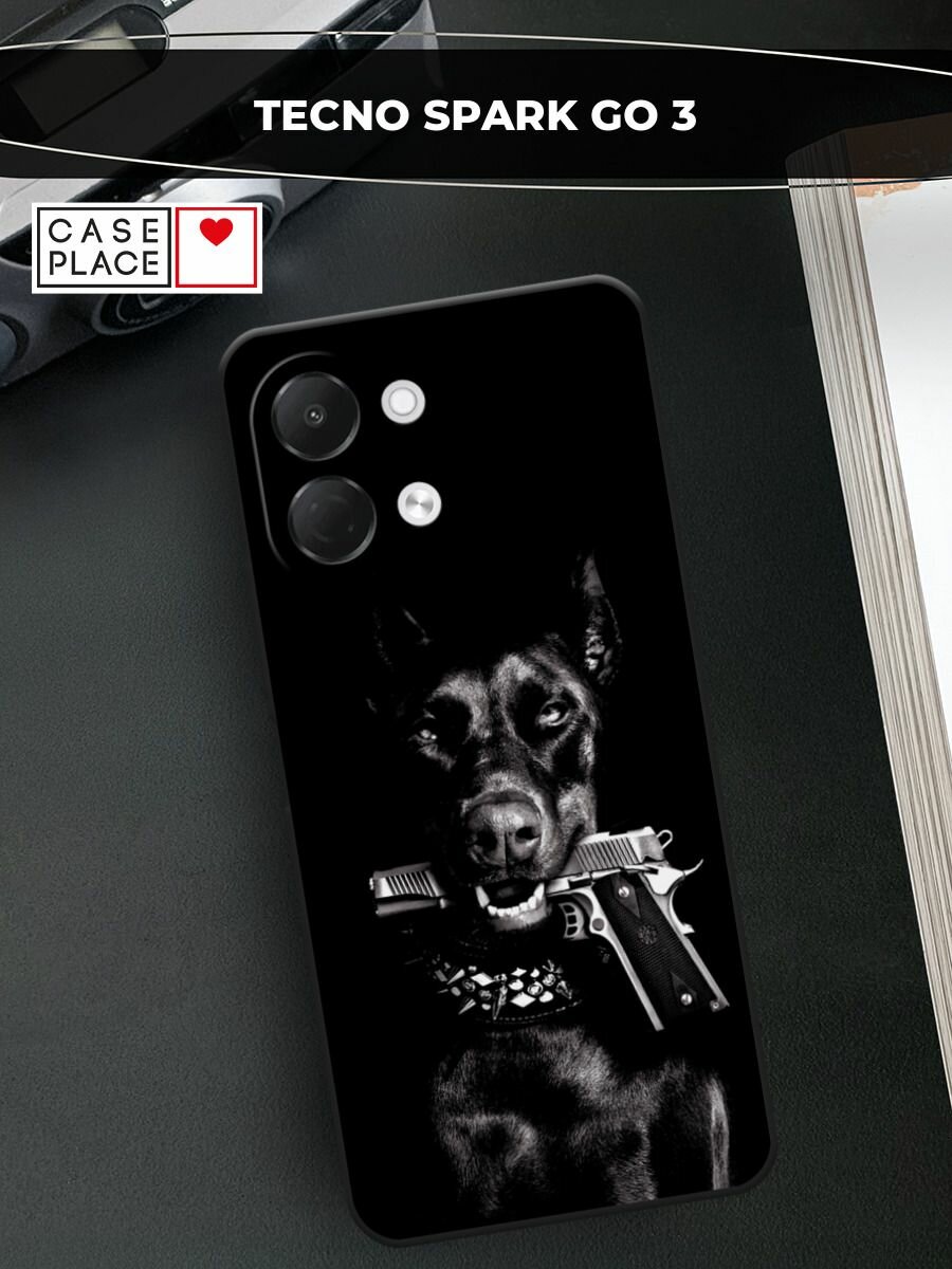 Черный матовый чехол на Tecno Spark Go 3 / Текно Спарк Го 3 с принтом Доберман с пистолетом