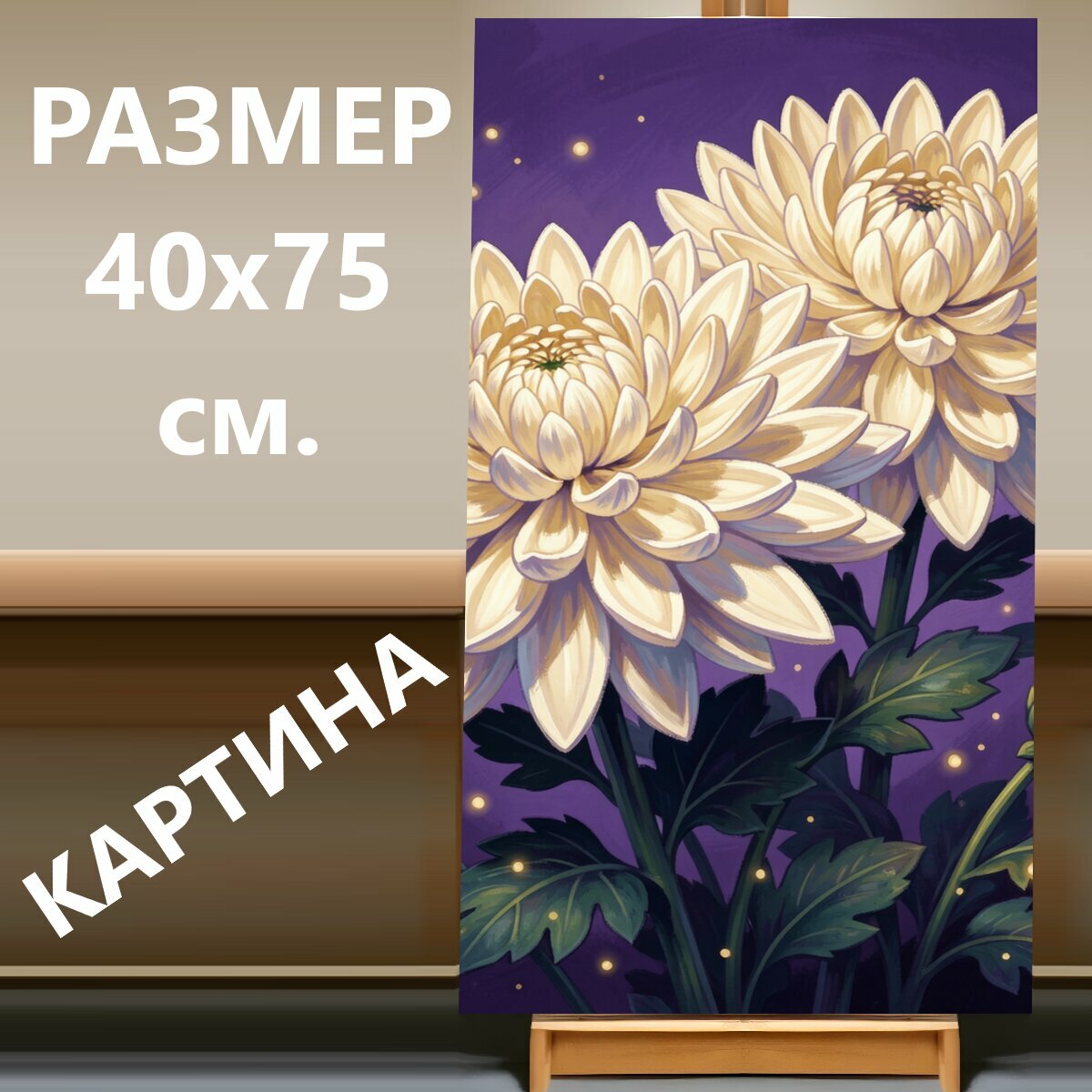 Картина на холсте "Крупные кремовые хризантемы. Изящные распустившиеся бутоны с нежными лепестками на глубоком фиолетовом фоне, мерцающие." на подрамнике 75х40 см. для интерьера