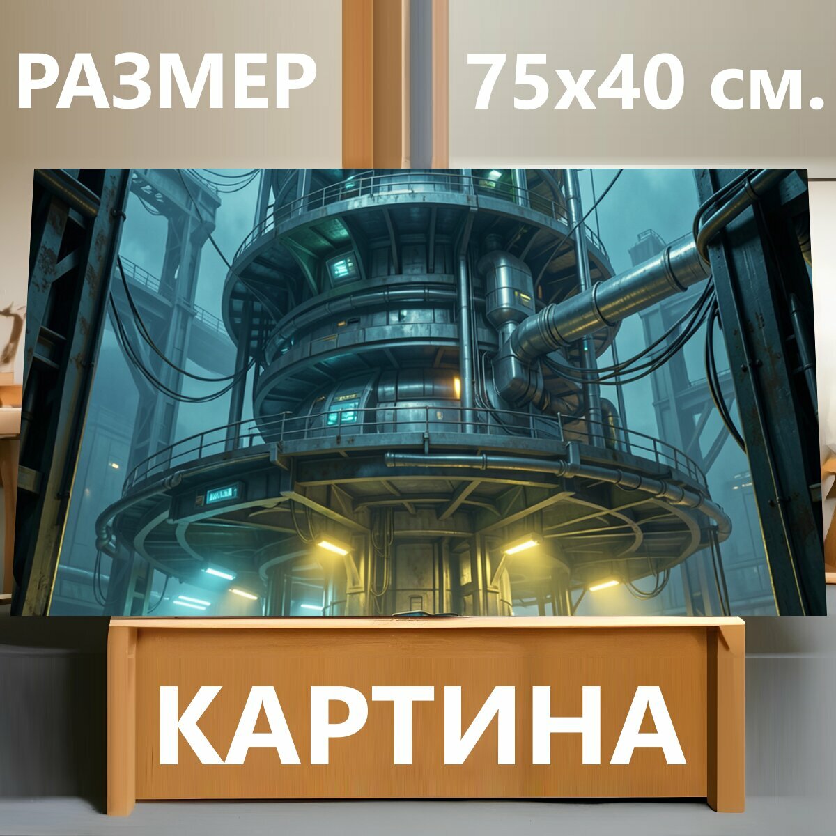 Картина на холсте "Футуристический автомобиль в индустриальном ангаре. Мрачная киберпанк-сцена с бронированным ретро-футуристическим авто среди." на подрамнике 75х40 см. для интерьера