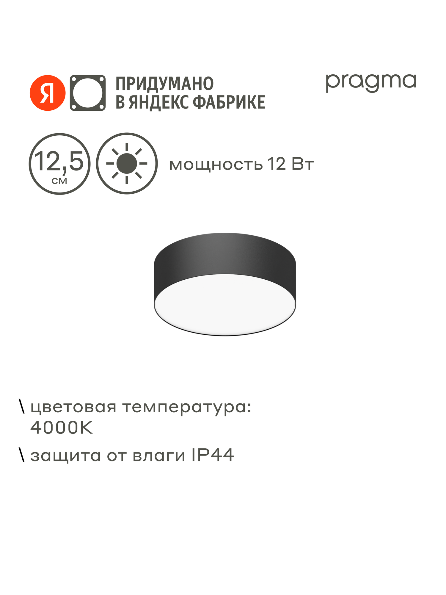Pragma Tinsu Светильник потолочный светодиодный, 12 Вт, круглый, 125 мм, IP44, чёрный, нейтральный свет, 4000K