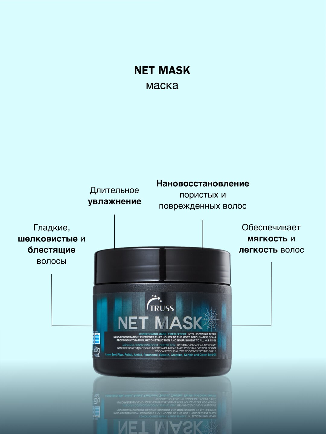 Маска для волос TRUSS Professional Net Mask 550g, эффективное восстановление, объем, более гладкие и шелковистые волосы.