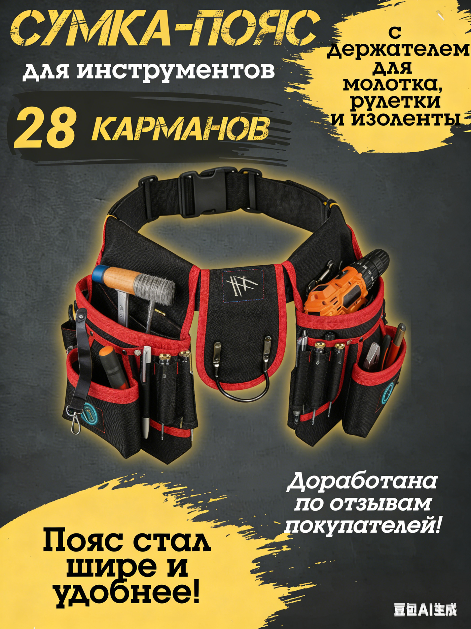 Сумка-пояс для инструментов универсальная строительная 28 карманов с держателем для молотка и рулетки, красный
