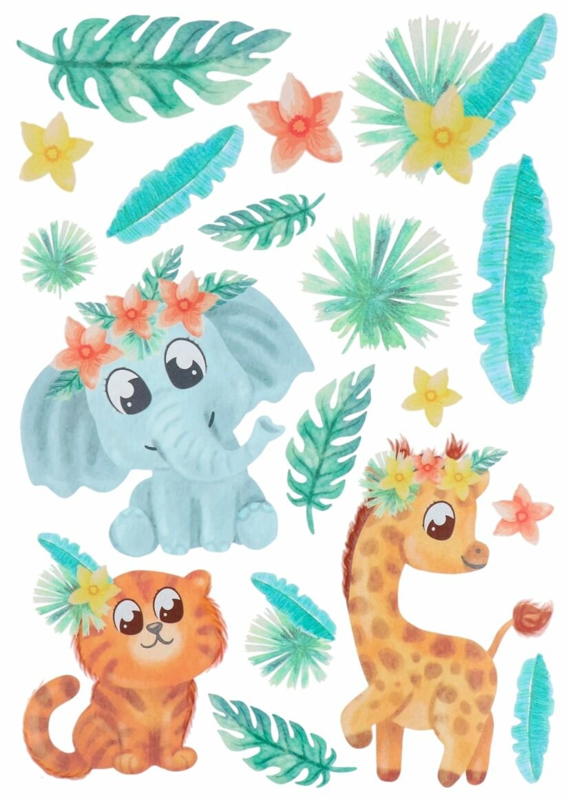 Интерьерные наклейки "Зверята и экзотические цветы" на стену, самоклеящиеся цветные картинки для декора детской комнаты, 50х70 см