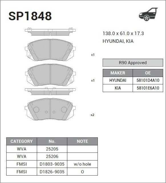 Колодки тормозные передние SANGSIN SP1848 Hyundai I40 11->, Ix35 09->, Kia Carens II, III 02->, Sportage 04->