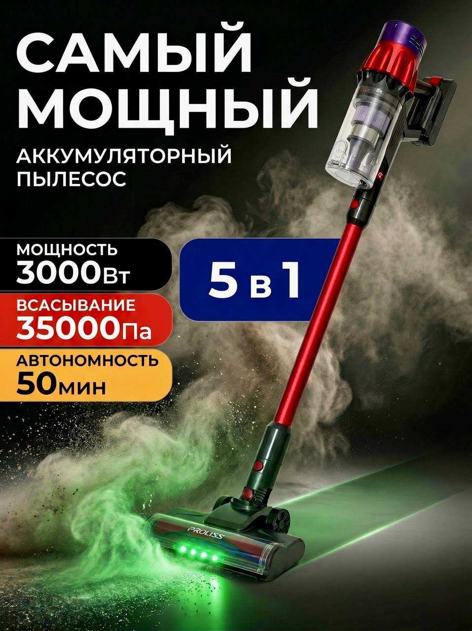 Вертикальный пылесос беспроводной Proliss PRO-3613 с фильтром тонкой очистки, для сухой уборки дома и авто