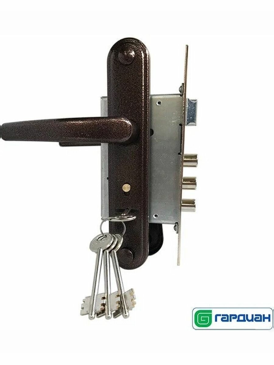 Замок врезной Гардиан 1011, Ручка на планке Гардиан 4131 "Вега" медный антик