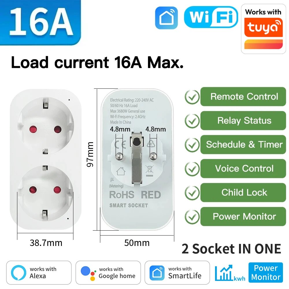Умная розетка WIFI 16A 2 сокета, Tuya, Power Monitor