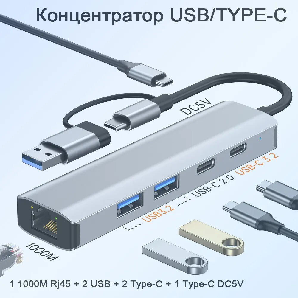 USB Hub Lan адаптер - Сетевая карта USB 3.0- Ethernet адаптер сетевой - RJ-45 переходник LAN Интернет