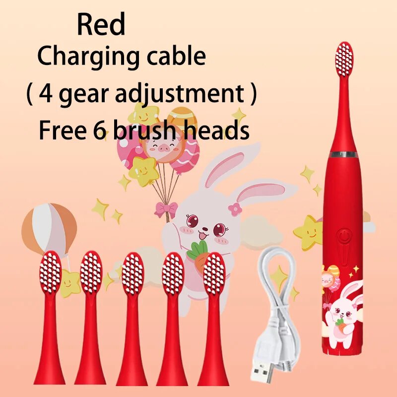 Детская электрическая зубная щетка Cartoon IPX7 Red 6 Head