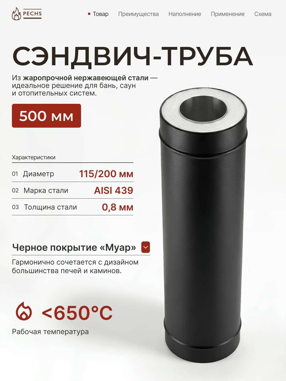 Сендвич Труба L500 D115/200 0.8 мм Черного цвета