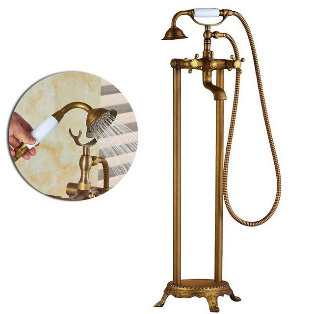 Кран для ванны и раковины Uythner Gold Floor Mounted с двумя ручками, набор для ванной и душа, свободно стоящий смесительный кран для ванны с ручным душем — Древесно-желтый латунь C