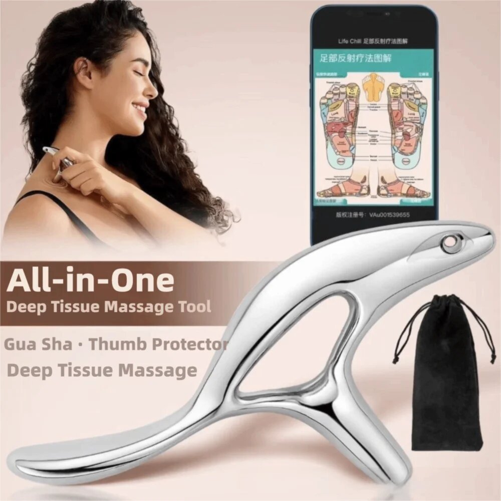 Массажер для тела All-in-One, Gua Sha, серебристый, с мешочком