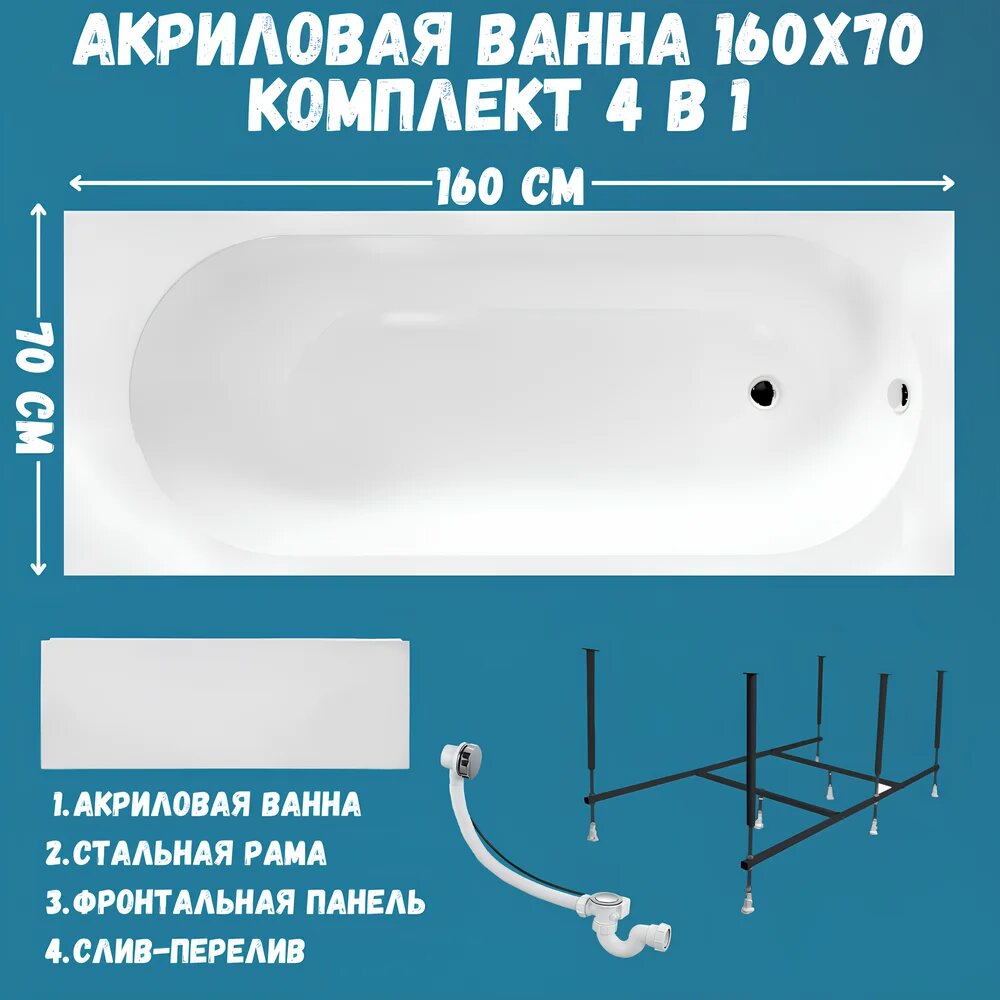 Акриловая ванна 1MarKa Атлас (Atlas) Премиум 160x70, с каркасом, с экраном, пристенная, белая, глянцевая, со сливом-переливом, прямоугольная