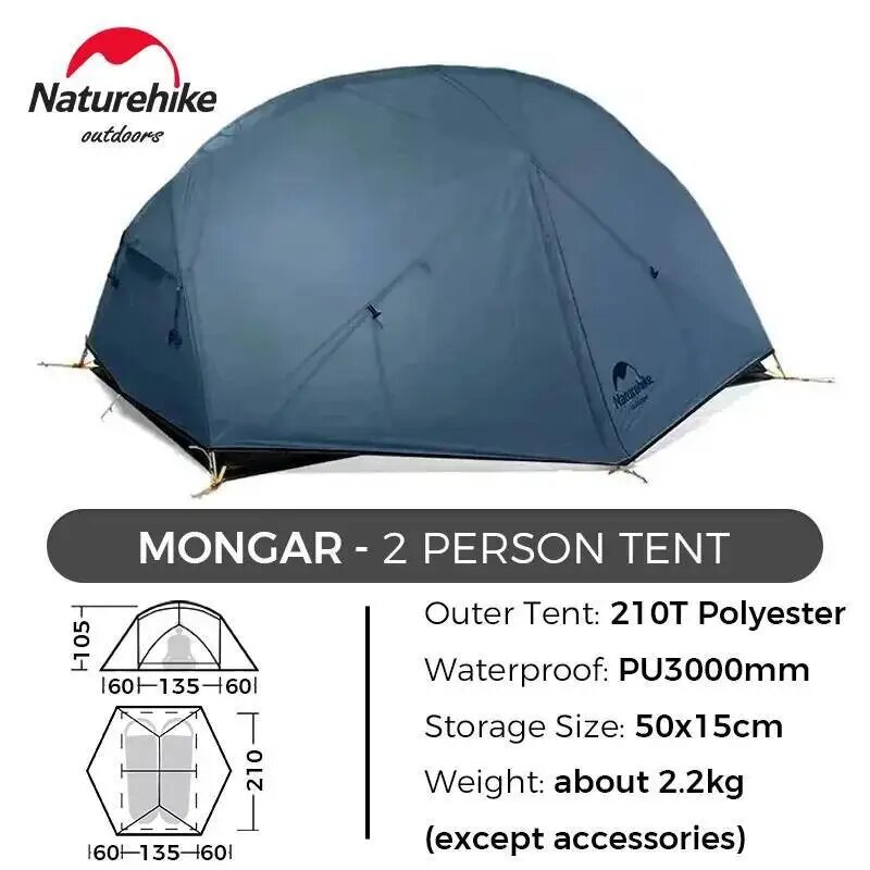 Палатка для трекинга Naturehike Mongar на 2 человека из полиэстера 210T, двухслойная, самоносимая, ультralегкая палатка для кемпинга с подстилкой-Mongar-210t-blue