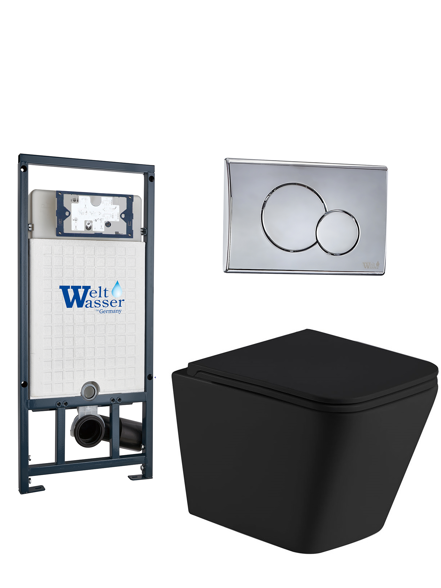 Комплект 3 в 1 Унитаз подвесной WeltWasser GELBACH 043 MT-BL безободковый+Инсталляция MARBERG 507 с кнопкой MAR 507 RD CR хром глянцевый