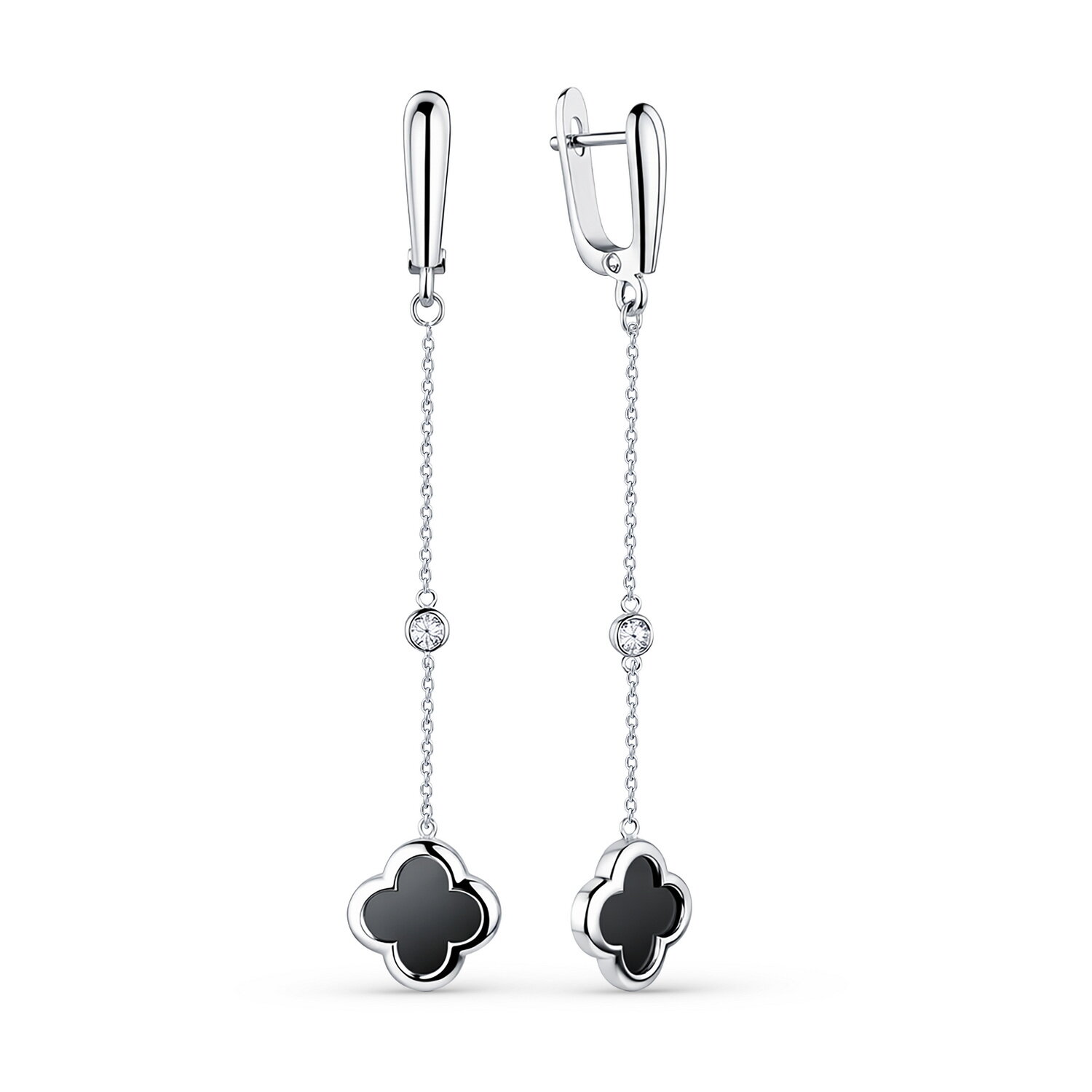 Серьги цепочки, серебро, 925 проба, родирование, фианит, керамика