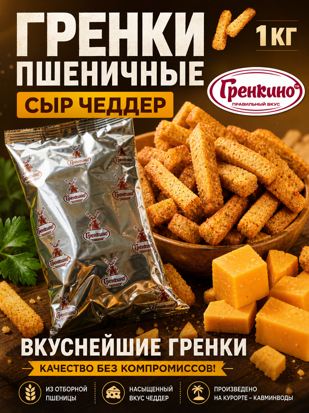 Гренки "Пшеничные" "Сыр Чеддер" 1 кг / Сухари гренки 1000 гр / Сухарики салатные