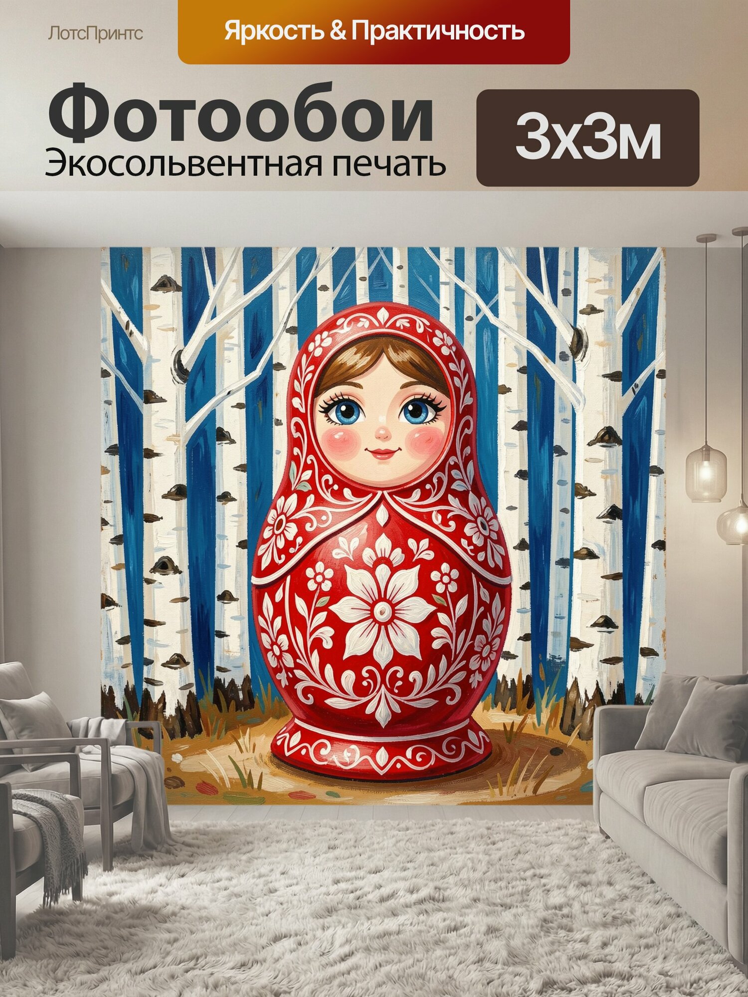 Фотообои "Матрешка в березовом лесу. Яркая декоративная роспись с милой русской куклой на фоне белоствольных берез. Красные и синие оттенки." 300x300 см. экосольвентная печать