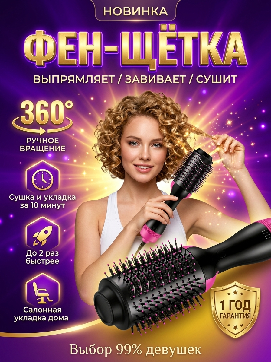 Фен-щетка для волос / Расческа с ионизацией One Step Фен-щётка (расчёска-фен) для волос Hair Dryer 3 в 1