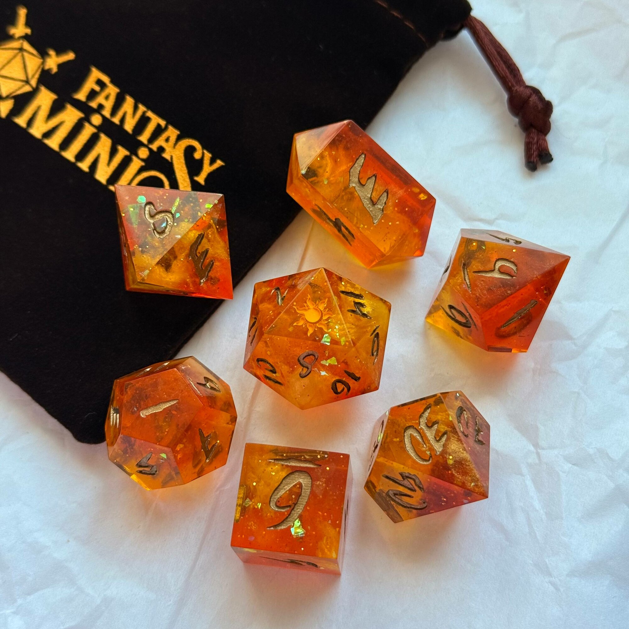 Дайсы ручной работы (игральные кости, кубики) для Dungeons and Dragons, Pathfinder RPG (набор 7шт) Golden Fall