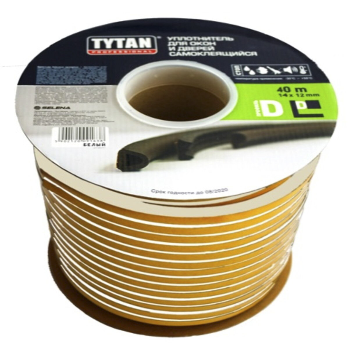 Уплотнитель строительный Tytan D-профиль 14 x 12 мм, белый, бухта 40 м, "Professional"