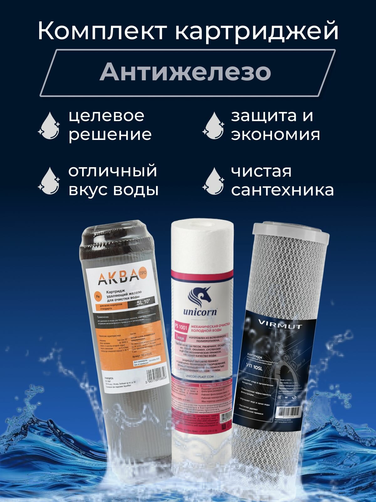 Комплект сменных картриджей К-3 антижелезо для очистки воды, под кухонную мойку