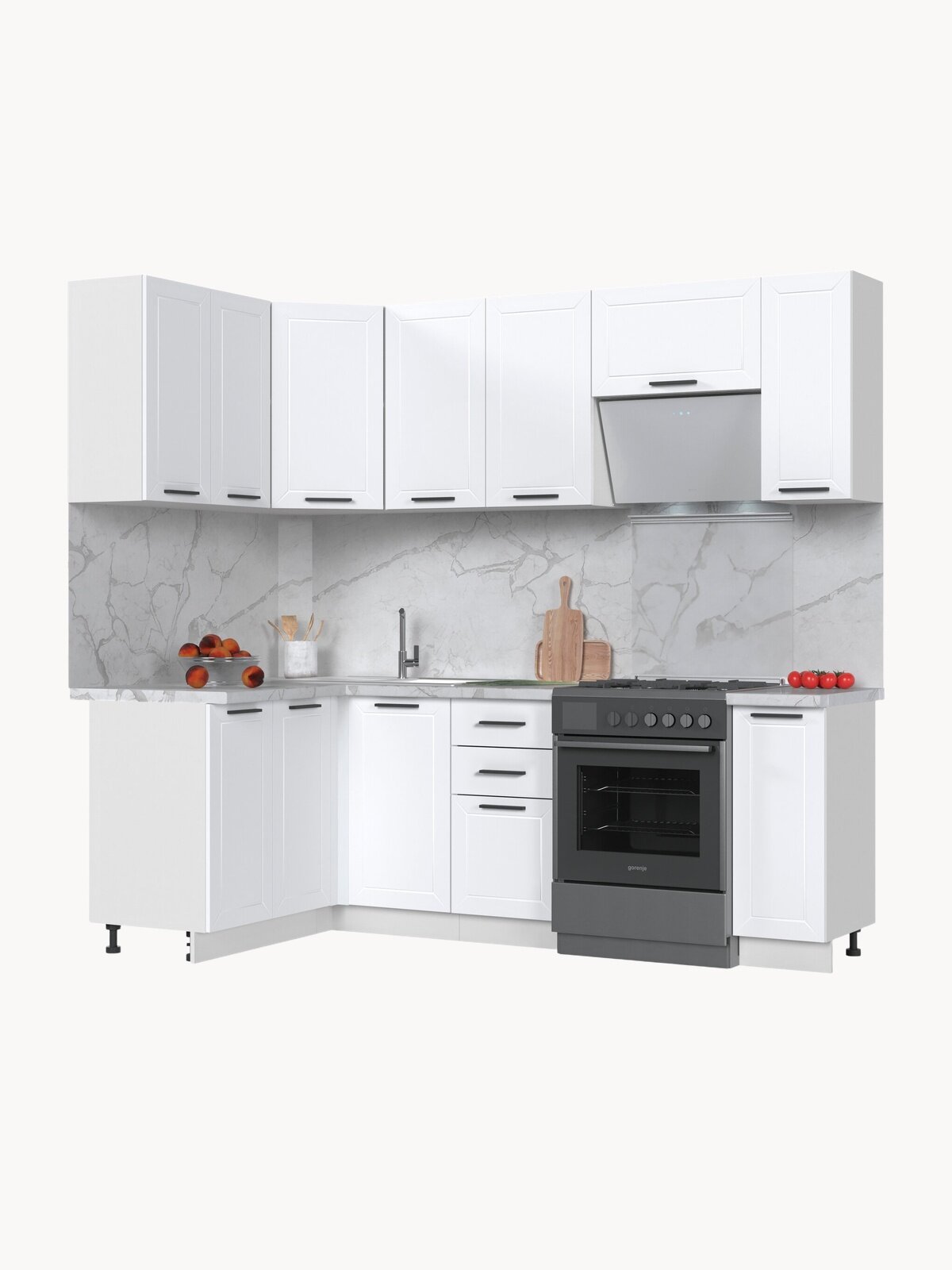 Кухонный гарнитур угловой, столешница Гранит Белый 26мм, Кухня Горный ледник 130х230см Белый/Айленд силк