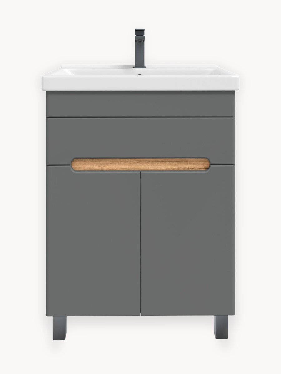 Тумба напольная SanStar Модена 60 с раковиной Фест 60 (комплект) для ванной комнаты, графит софт