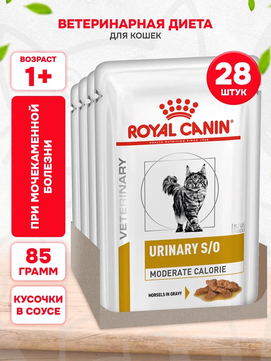Корм влажный Royal Canin Urinary S/O Moderate Calorie для взрослых кошек при МКБ с умеренным содержанием энергии, 85 г х 28 шт