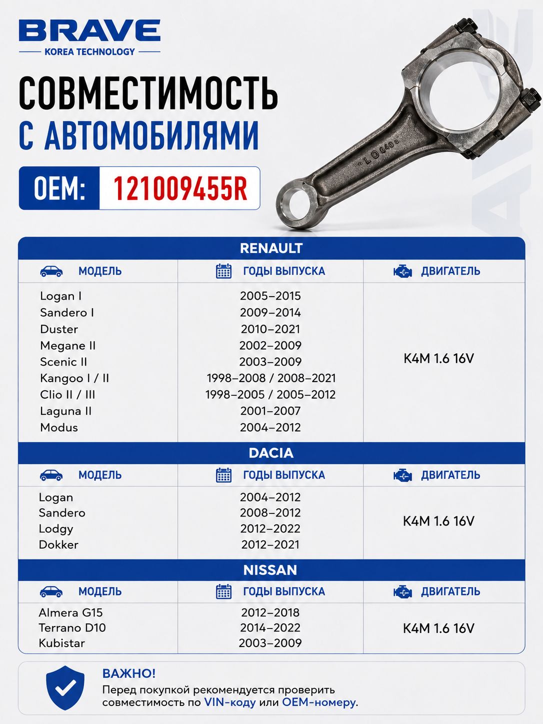 Шатун двигателя 121009455R Рено Логан Сандеро Дастер Меган, Лада Ларгус, Renault Logan Sandero Duster K4M 16кл 1 шт — фото 1