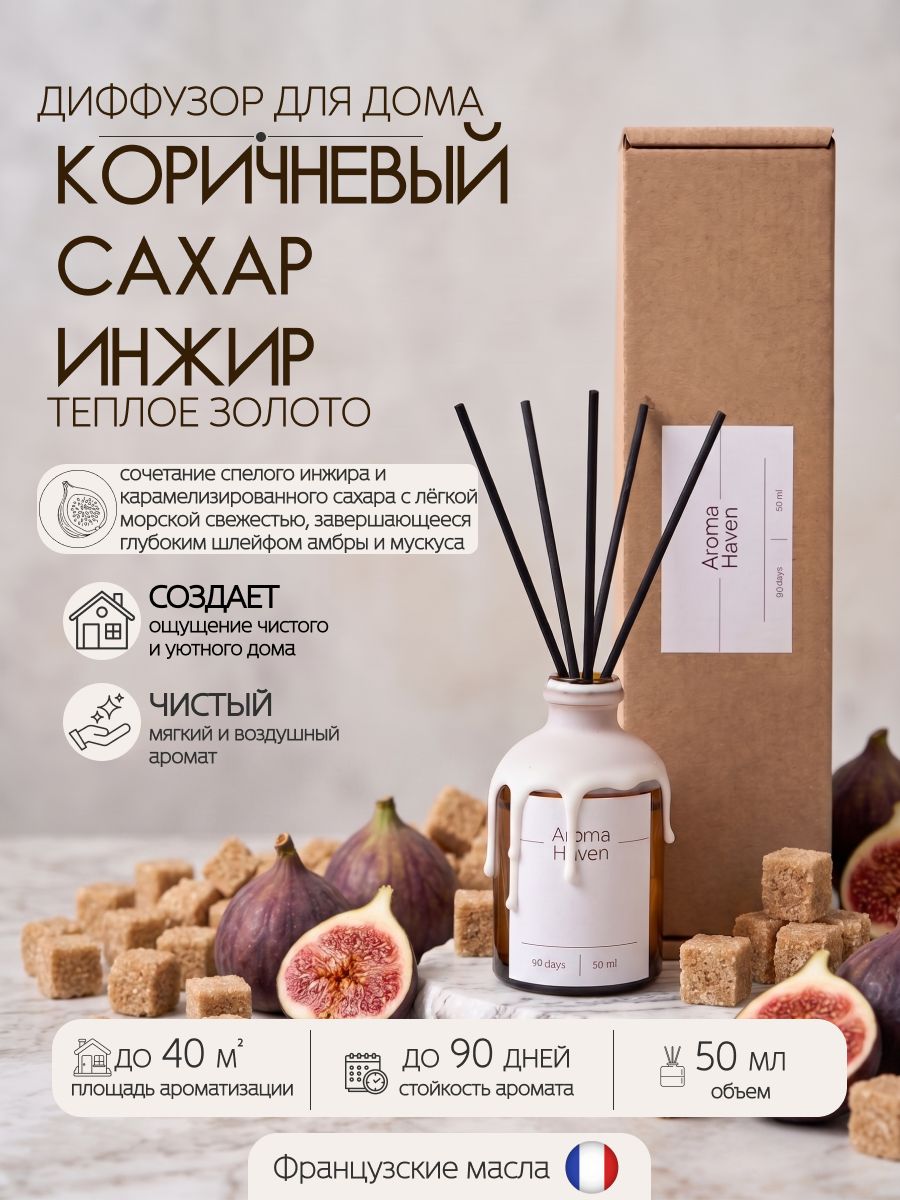 Диффузор для дома с палочками/Аромадиффузор/Инжир и Коричневый сахар/Ароматизатор для дома с палочками