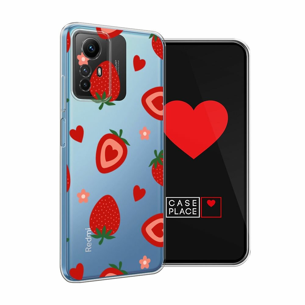 Чехол на Xiaomi Redmi Note 12S / Сяоми Редми Ноут 12S с принтом "Heart strawberries 2 - 14 февраля", прозрачный — фото 1