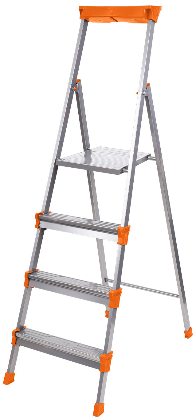 Стремянка НИКА 4ст нагр. max 150кг, стальная из профильной трубы 30х15мм, высота до рабочей площадки 840мм, ширина ступени 65мм, многофункциональный лоток для инструментов, вес 5,5кг