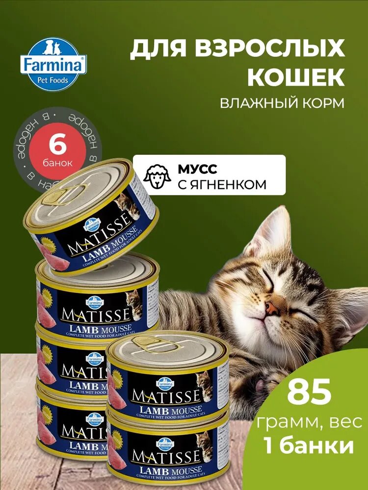 Корм консервированный для кошек Farmina Matisse, Матисс мусс для кошек с ягненком, влажный корм Фармина 85 г - 6 шт