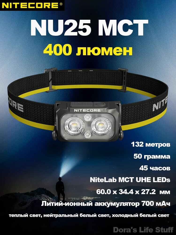 NITECORE NU25 MCT, Суперлегкий налобный фонарь с несколькими цветами температуры, 400 люмен