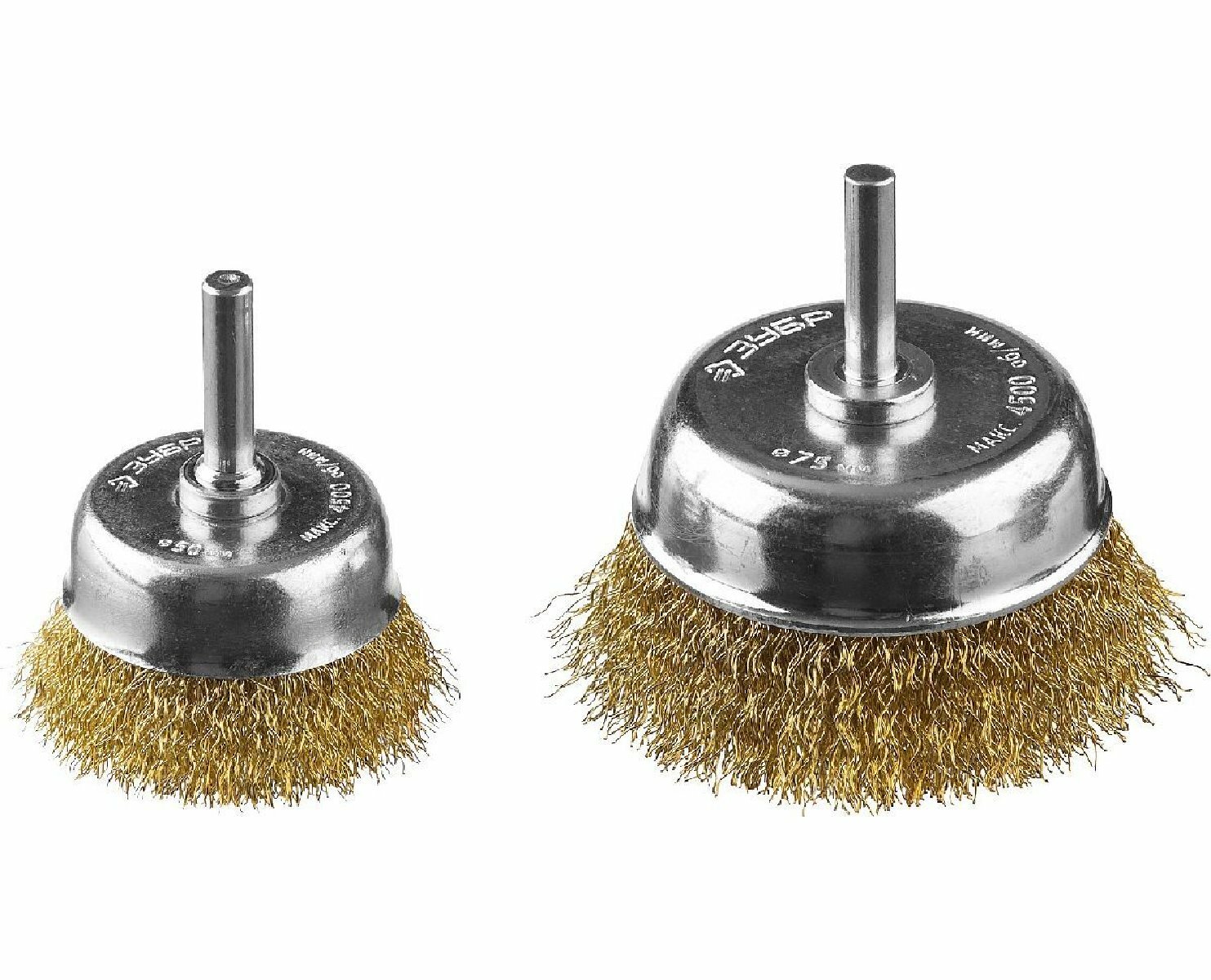Набор чашечных щеток ЗУБР Профессионал 50/72 мм для дрели с витой стальной латунированной проволокой 0,3 мм макс скорость 4500 об/мин